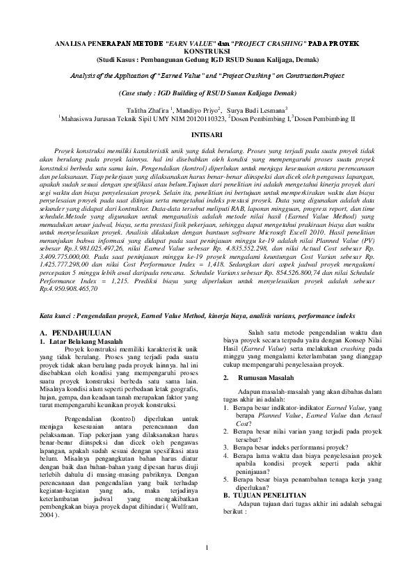 (PDF) ANALISA PENERAPAN METODE “EARN VALUE” dan “PROJECT CRASHING” PADA ...