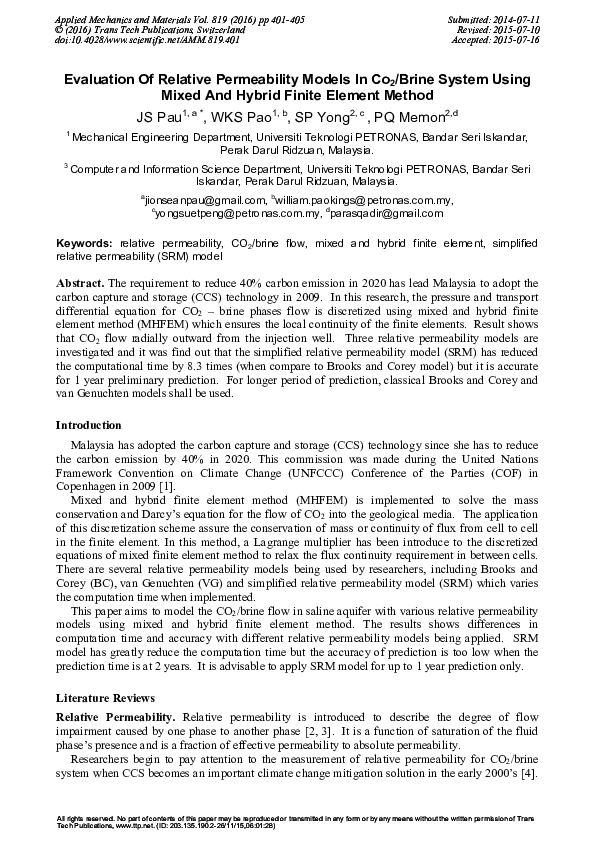(PDF) Evaluation Of Relative Permeability Models In Co2/Brine System Using
