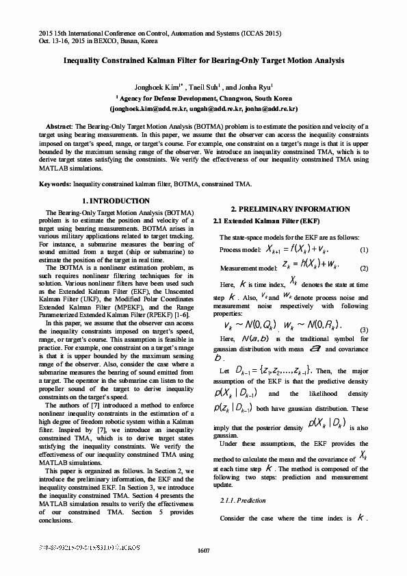 Pdf Inequality Constrained Kalman Filter For Bearing Only Target Motion Analysis