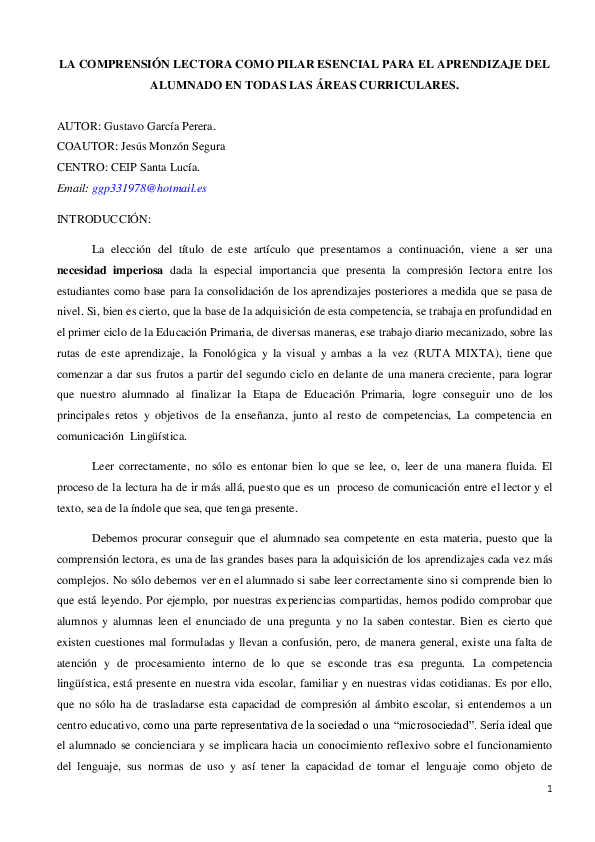 (PDF) LA IMPORTANCIA DE LA COMPRENSIÓN LECTORA COMO “PILAR” ESENCIAL ...