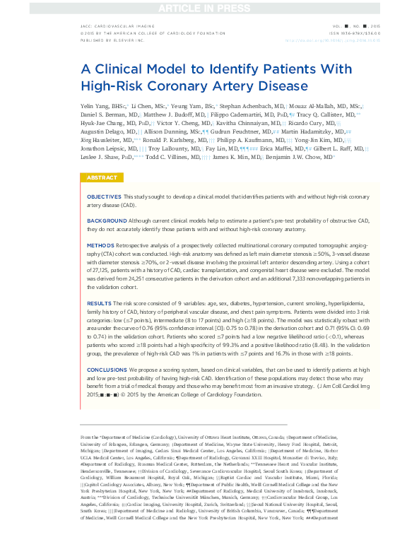 (PDF) A Clinical Model to Identify Patients With High-Risk Coronary ...