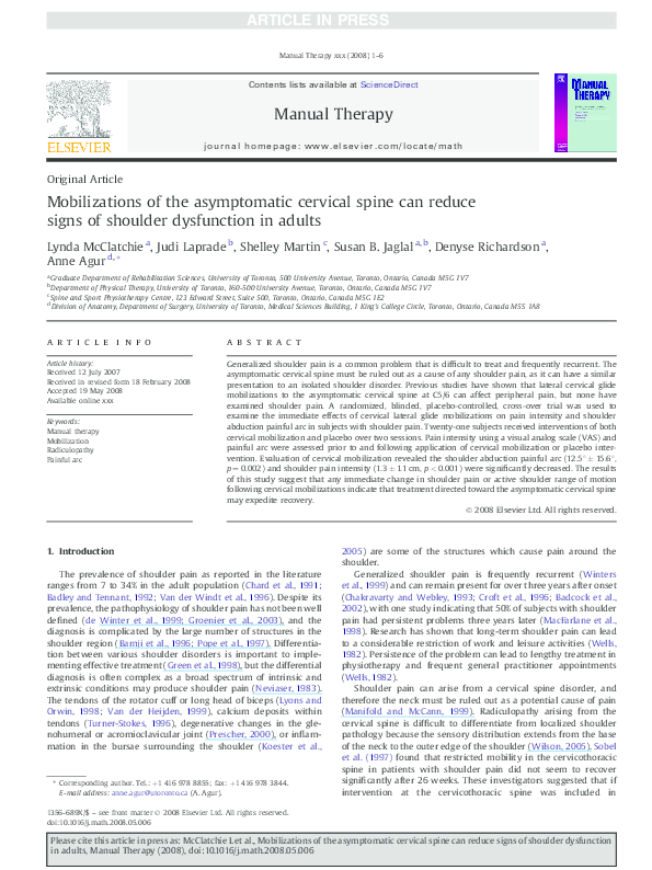 (PDF) Mobilizations of the asymptomatic cervical spine can reduce signs ...