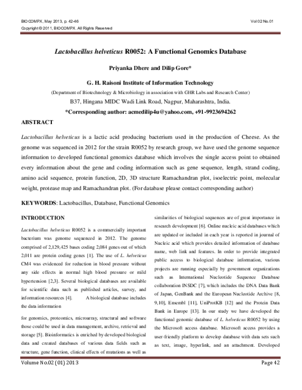 (PDF) Lactobacillus helveticus R0052: A Functional Genomics Database