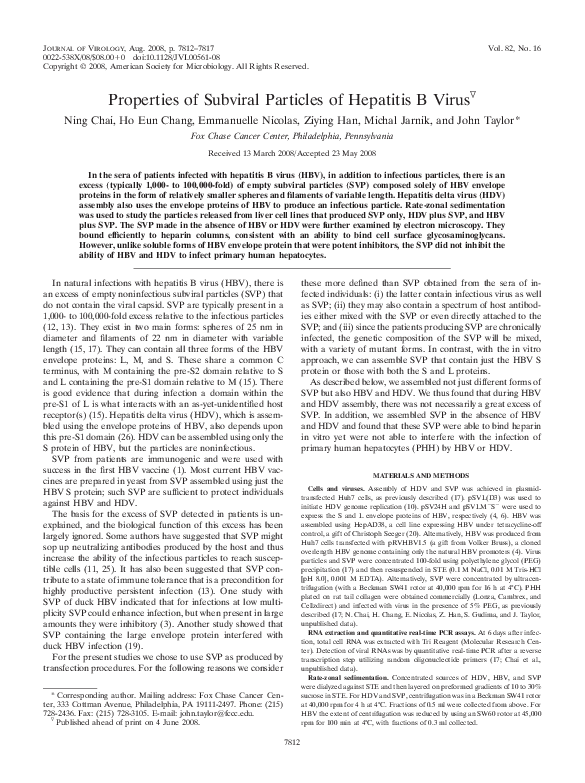 (PDF) Properties of Subviral Particles of Hepatitis B Virus