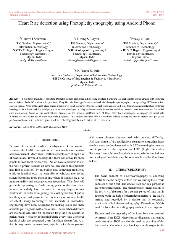(PDF) Heart Rate detection using Photoplethysmography using Android Phone
