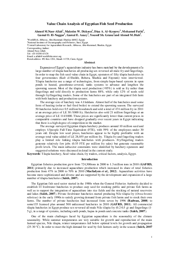 (PDF) Value Chain Analysis of Egyptian Fish Seed Production