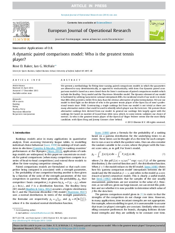 (PDF) A dynamic paired comparisons model: Who is the greatest tennis ...
