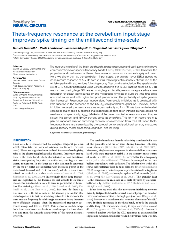 Pdf θ Frequency Resonance At The Cerebellum Input Stage Improves Spike Timing On The