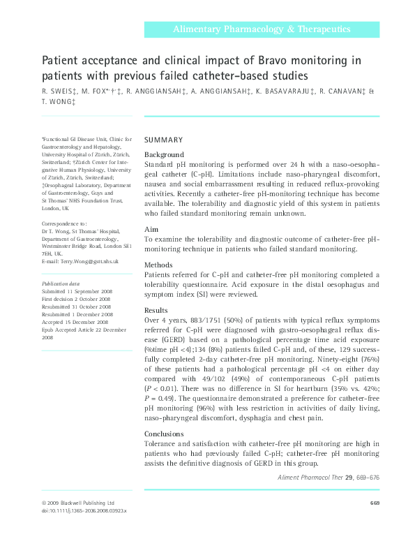(PDF) Patient acceptance and clinical impact of Bravo monitoring in ...