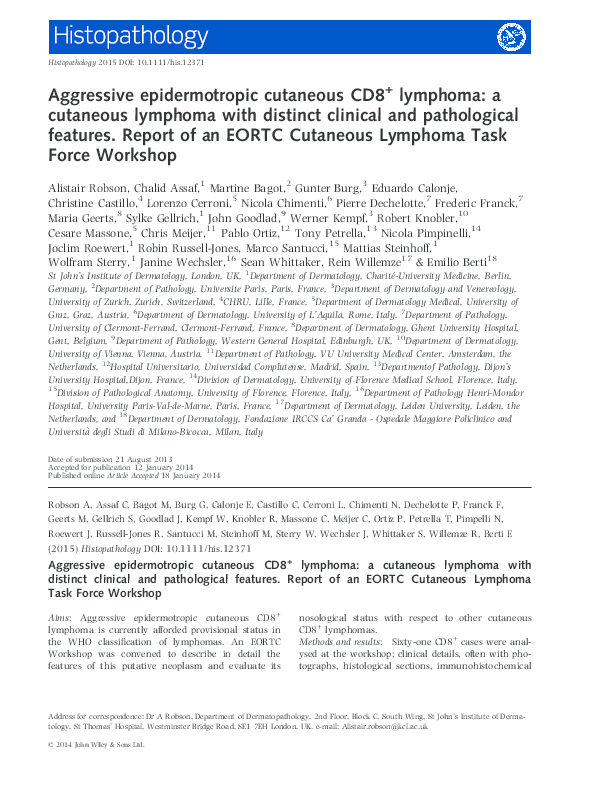 (PDF) Aggressive Epidermotropic Cutaneous CD8+ Lymphoma: A cutaneous lymphoma with distinct ...