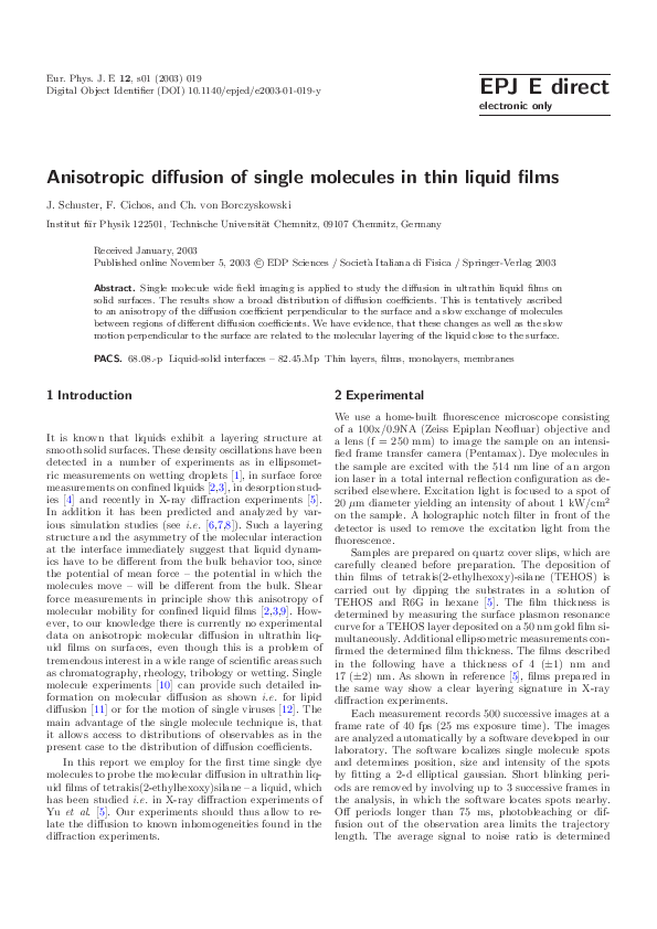 (PDF) Anisotropic diffusion of single molecules in thin liquid films