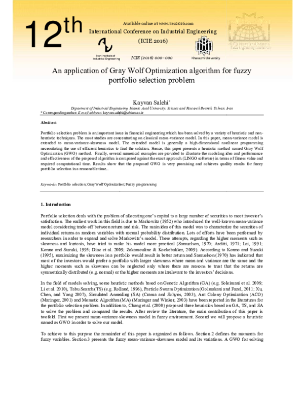 Pdf An Application Of Grey Wolf Optimization Algorithm For Fuzzy Portfolio Selection Problem