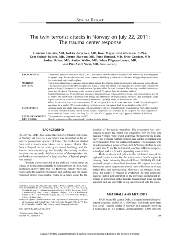 (PDF) The twin terrorist attacks in Norway on July 22, 2011