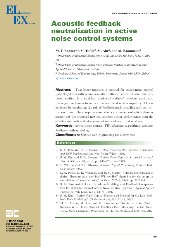 (PDF) Acoustic feedback neutralization in active noise control systems