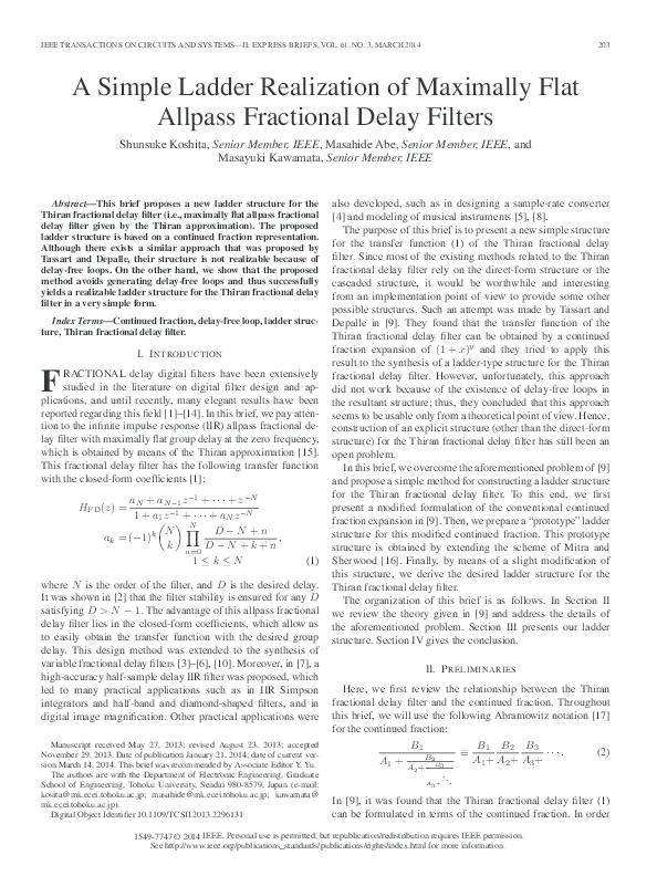 (PDF) A Simple Ladder Realization of Maximally Flat Allpass Fractional Delay Filters | Masayuki ...