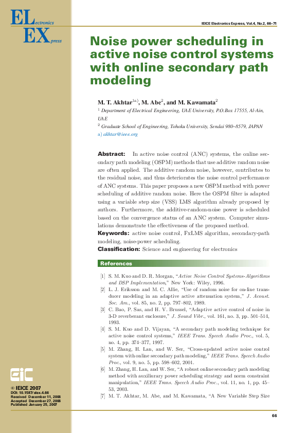 Pdf Noise Power Scheduling In Active Noise Control Systems With Online Secondary Path Modeling
