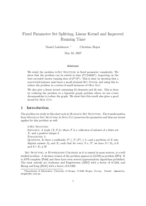 (PDF) Fixed Parameter Set Splitting, Linear Kernel and Improved Running Time
