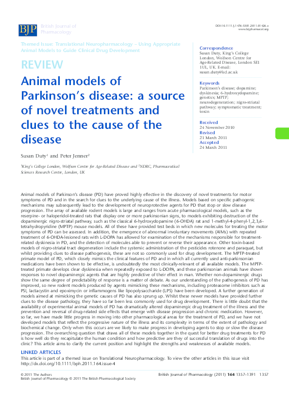 (PDF) Animal models of Parkinson's disease: a source of novel ...