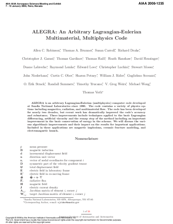 (PDF) ALEGRA: An Arbitrary Lagrangian-Eulerian Multimaterial ...