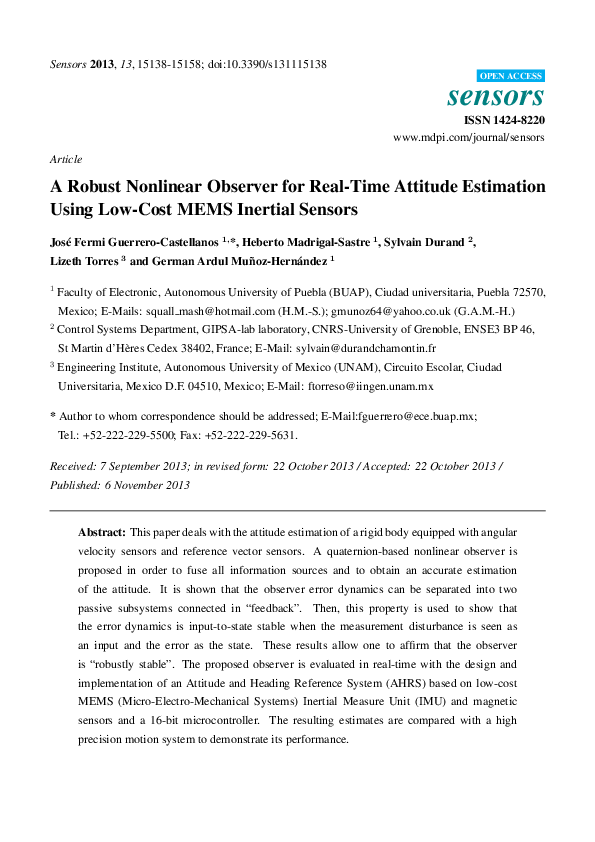 Pdf A Robust Nonlinear Observer For Real Time Attitude Estimation Using Low Cost Mems Inertial