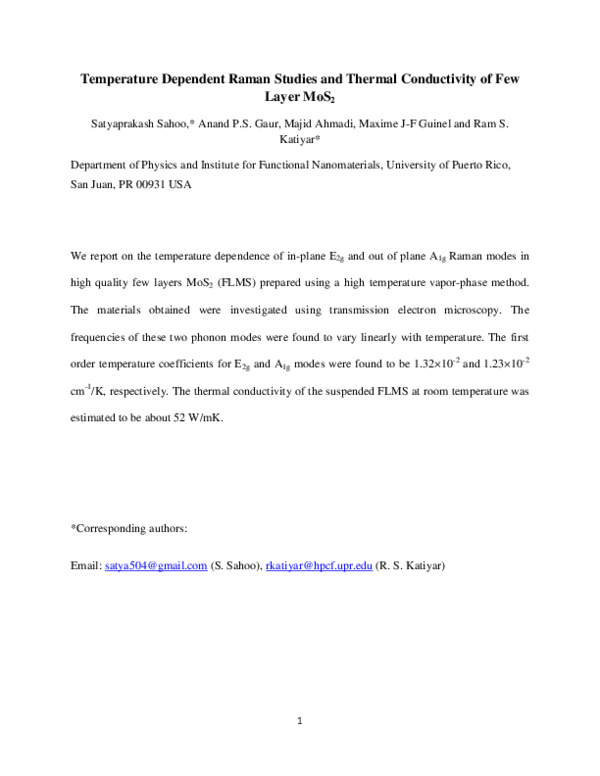 (PDF) Temperature-Dependent Raman Studies and Thermal Conductivity of ...
