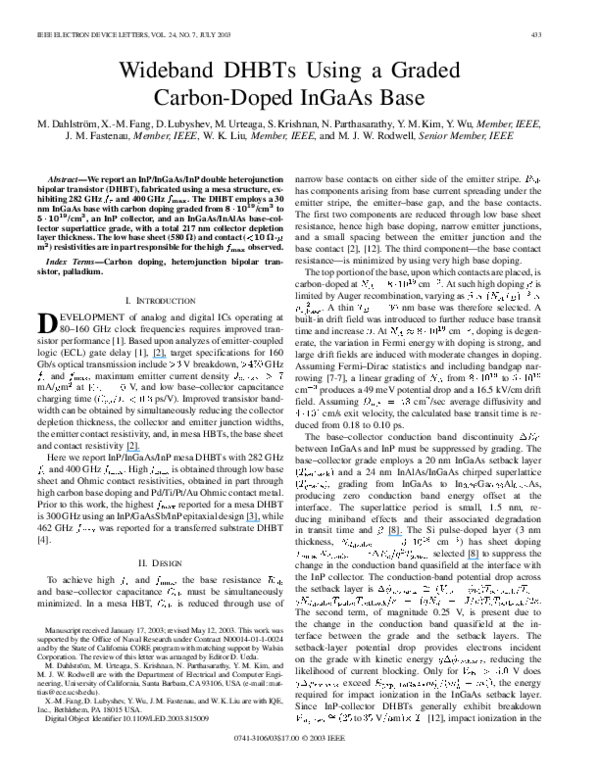 (PDF) Wideband DHBTs using a graded carbon-doped InGaAs base
