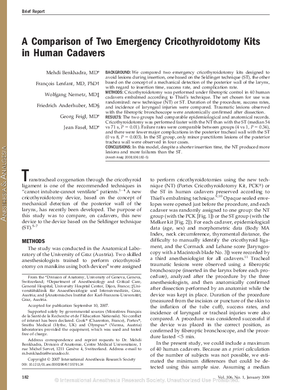 (PDF) A Comparison of Two Emergency Cricothyroidotomy Kits in Human ...
