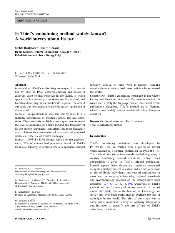 (PDF) Is Thiel’s embalming method widely known? A world survey about ...