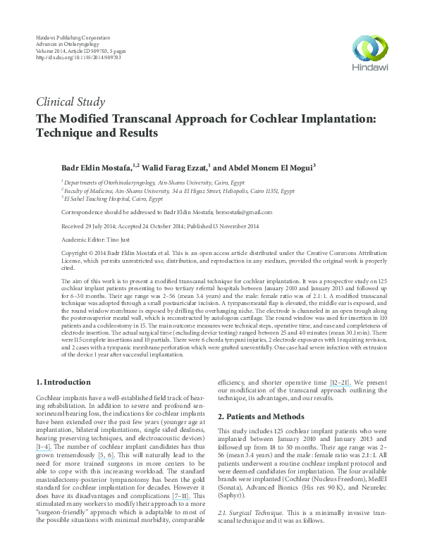 (PDF) The Modified Transcanal Approach for Cochlear Implantation ...