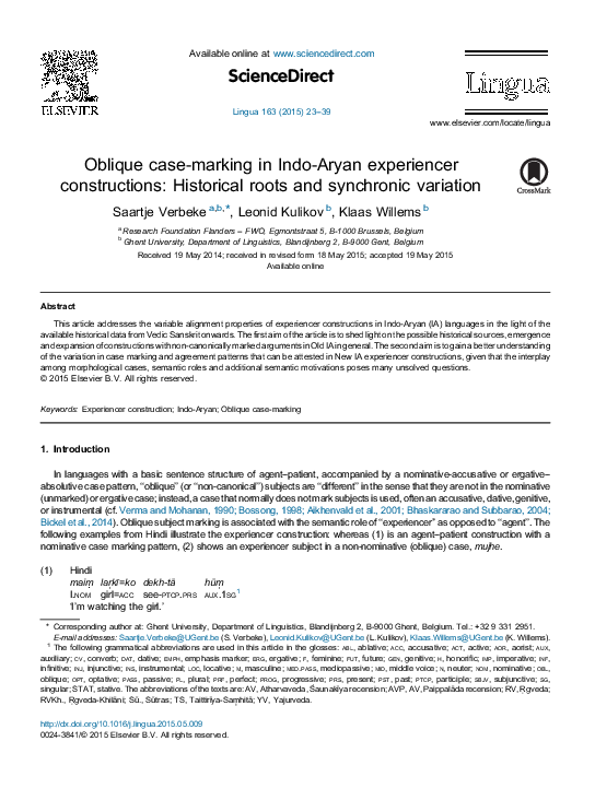 (PDF) Oblique case-marking in Indo-Aryan experiencer constructions ...