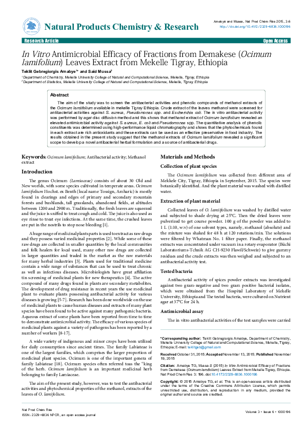 (PDF) In Vitro Antimicrobial Efficacy of Fractions from Demakese (Ocimum lamifolium) Leaves ...