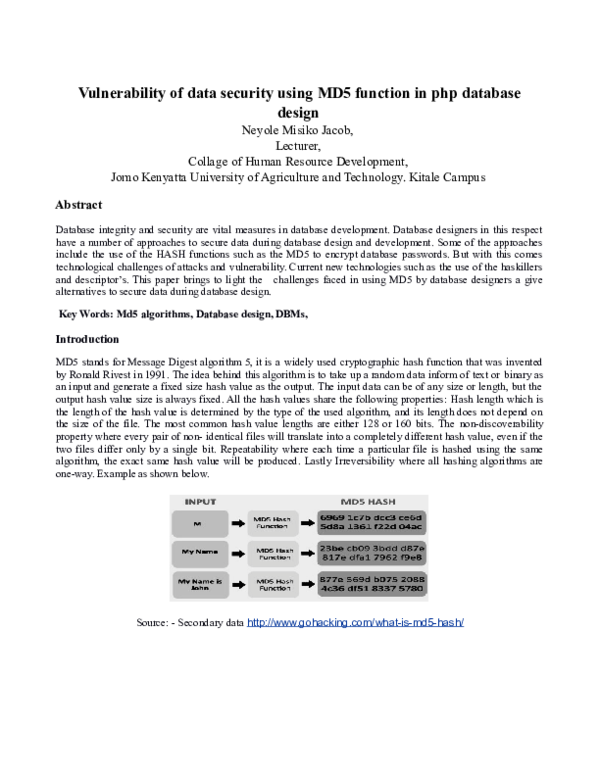 Doc Vulnerability Of Data Security Using Md5 Function In Php Database Design