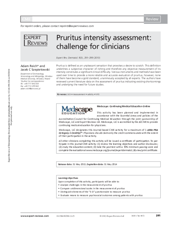 (PDF) Pruritus intensity assessment: challenge for clinicians