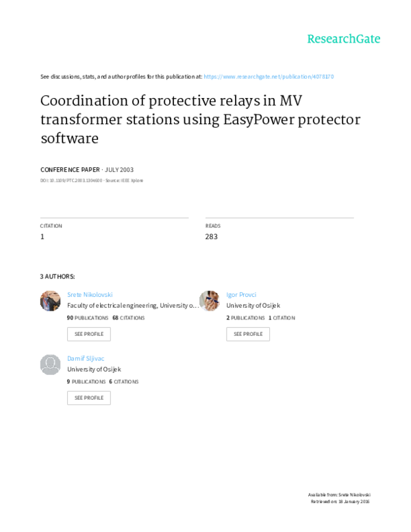 (PDF) Coordination of protective relays in mv transformer stations using easypower protector ...