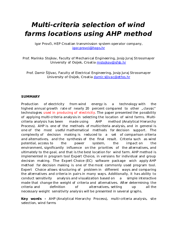 (DOC) Multi-criteria selection of wind farms locations using AHP method