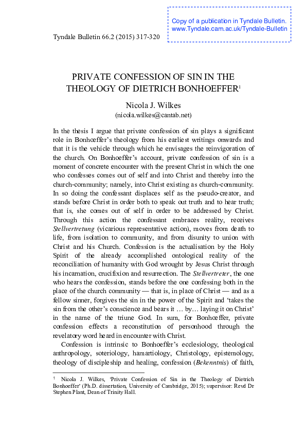 (PDF) Private Confession of Sin in the Theology of Dietrich Bonhoeffer