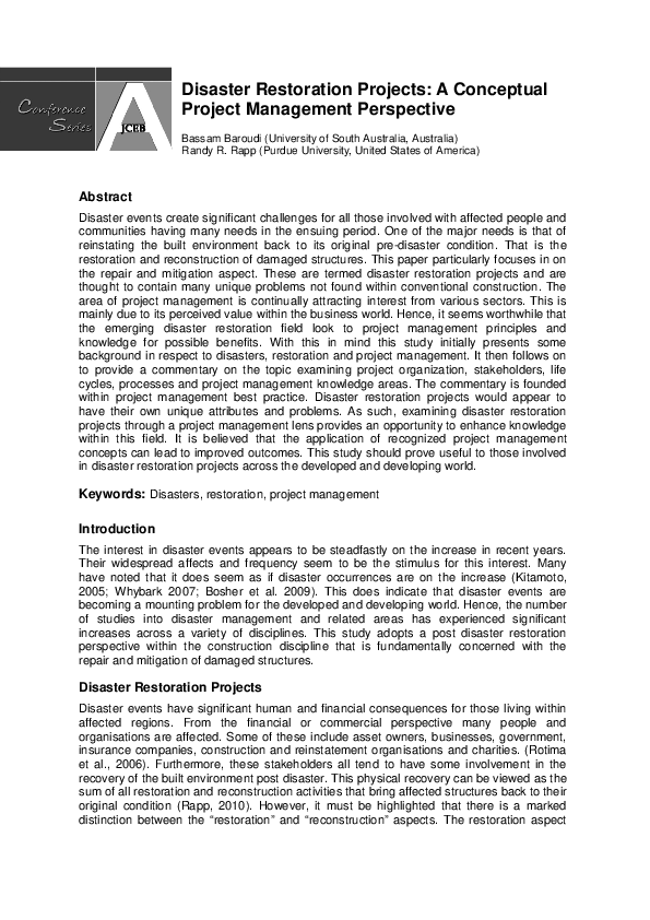 (PDF) Disaster Restoration Projects: A Conceptual Project Management ...