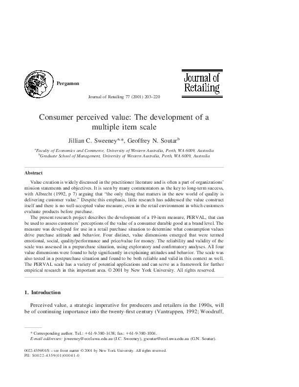 (PDF) Consumer perceived value: The development of a multiple item scale