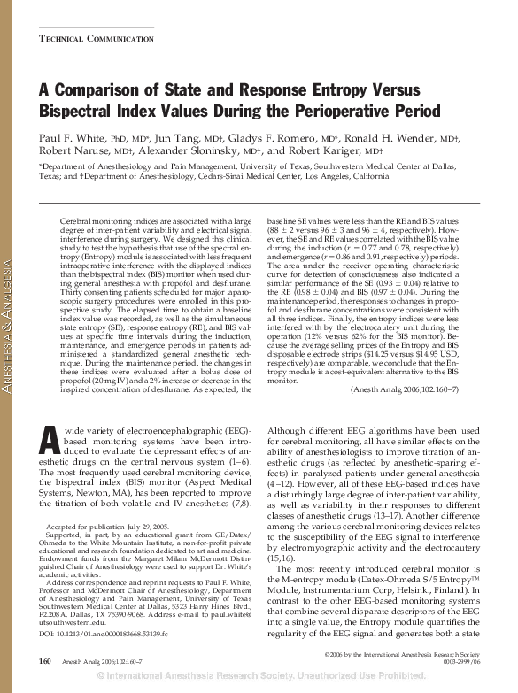 Pdf A Comparison Of State And Response Entropy Versus Bispectral Index Values During The