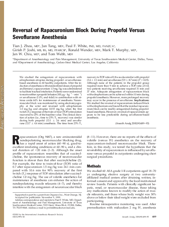 (PDF) Reversal of Rapacuronium Block During Propofol Versus Sevoflurane ...