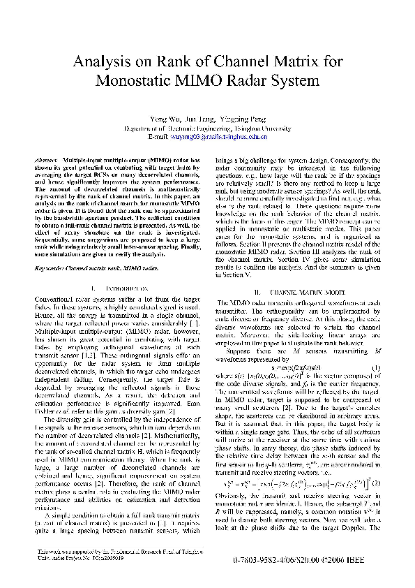 (PDF) Analysis on Rank of Channel Matrix for Monostatic MIMO Radar System