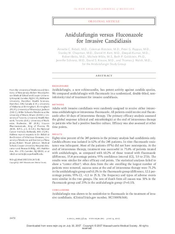 (PDF) Anidulafungin versus Fluconazole for Invasive Candidiasis ...