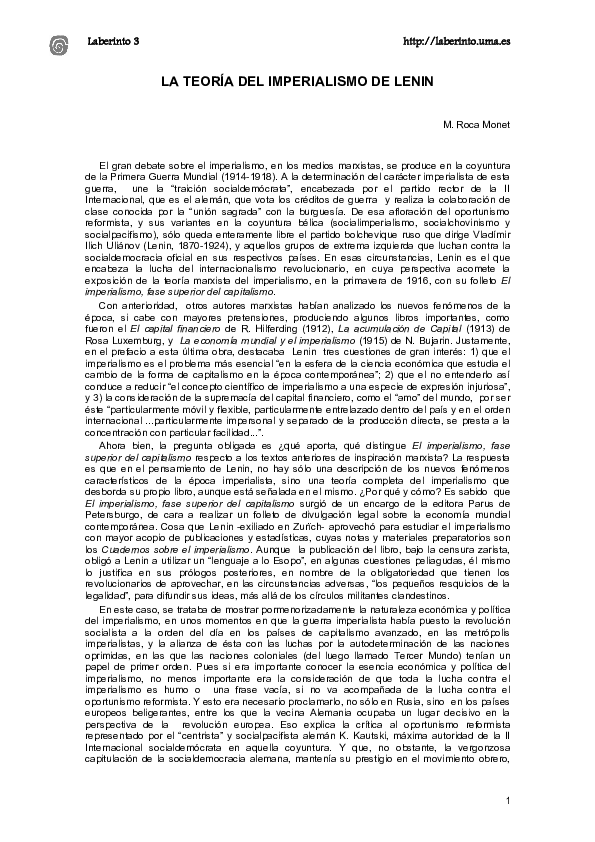 (PDF) Teoría del imperialismo de Lenin - M. Roca Monet
