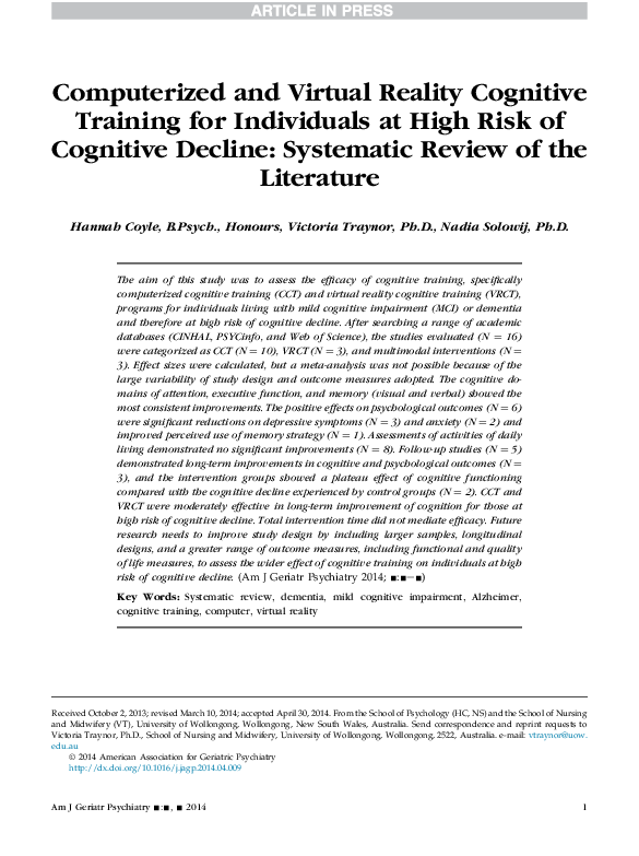 Pdf Computerized And Virtual Reality Cognitive Training For Individuals At High Risk Of