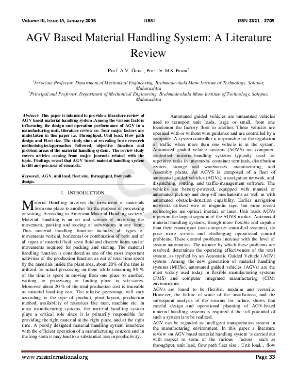 (PDF) AGV Based Material Handling System: A Literature Review
