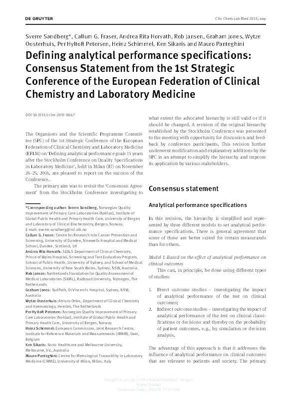 (PDF) Defining analytical performance specifications: Consensus ...