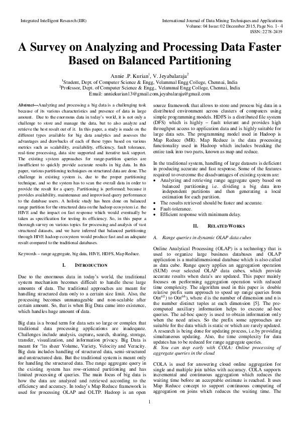 Pdf A Survey On Analyzing And Processing Data Faster Based On Balanced Partitioning