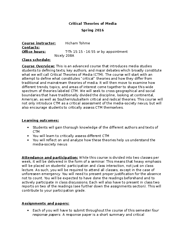 (DOC) Syllabus - critical theories of media