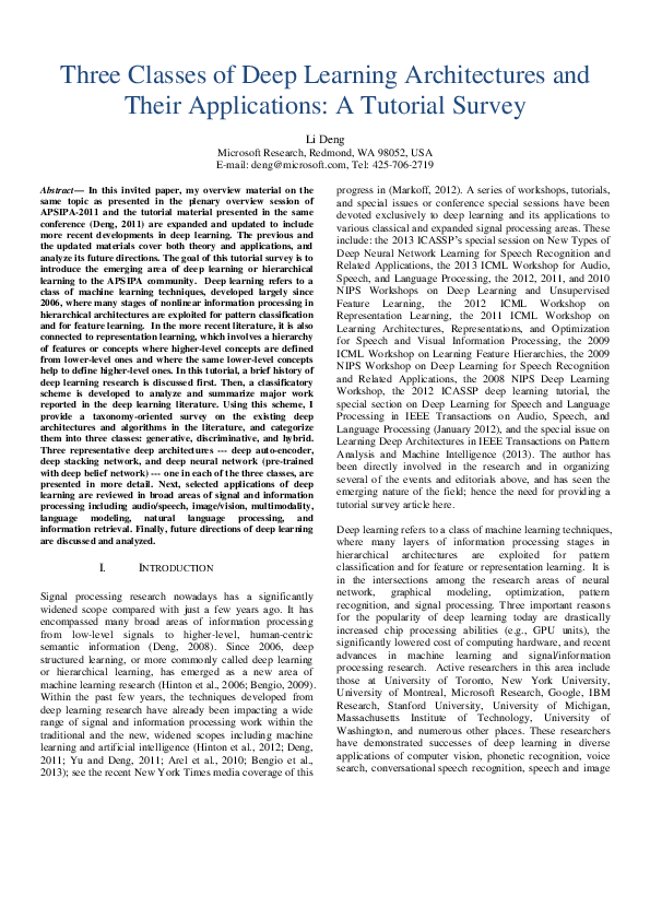 (PDF) Three Classes of Deep Learning Architectures and Their Applications