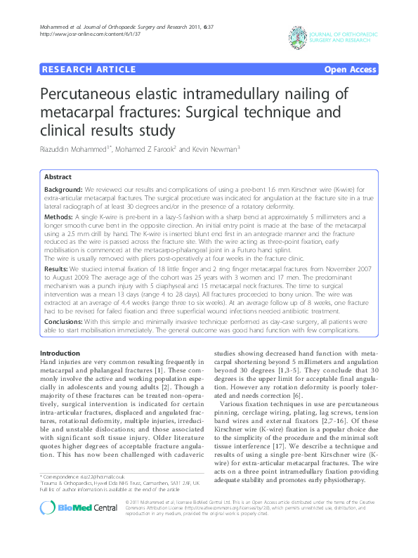 (PDF) Percutaneous elastic intramedullary nailing of metacarpal ...